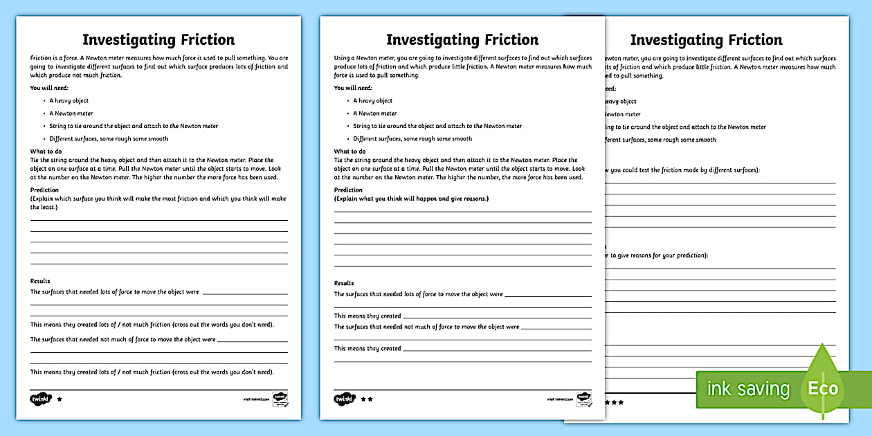Middle Ability Investigating Friction Differentiated Worksheets