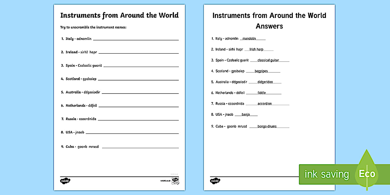 Instruments from Around the World Worksheet / Worksheet - Canadian