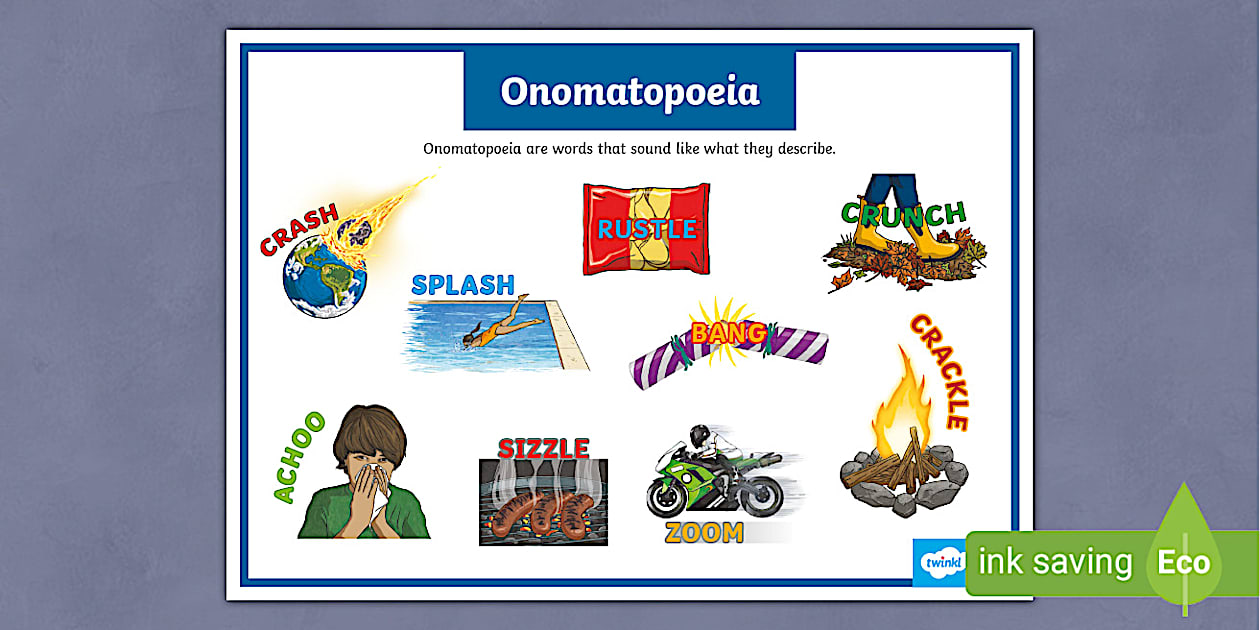 Written Language Features Poster: Onomatopoeia - Twinkl