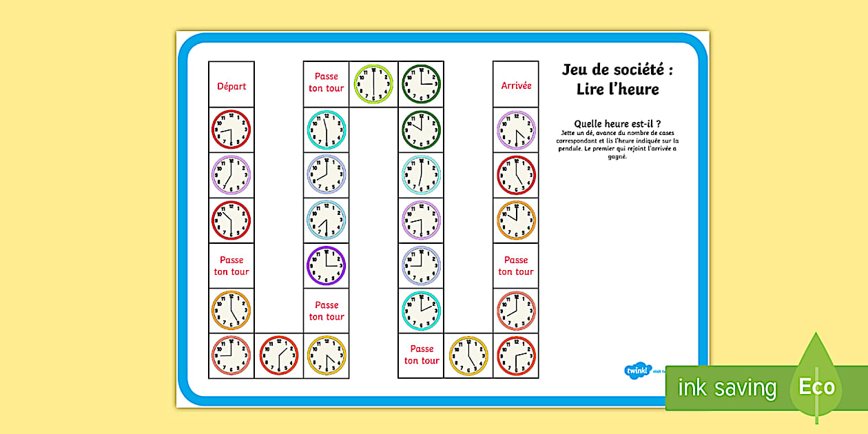 Jeu de société : Heure(s), et demi(e) - Lire l'heure