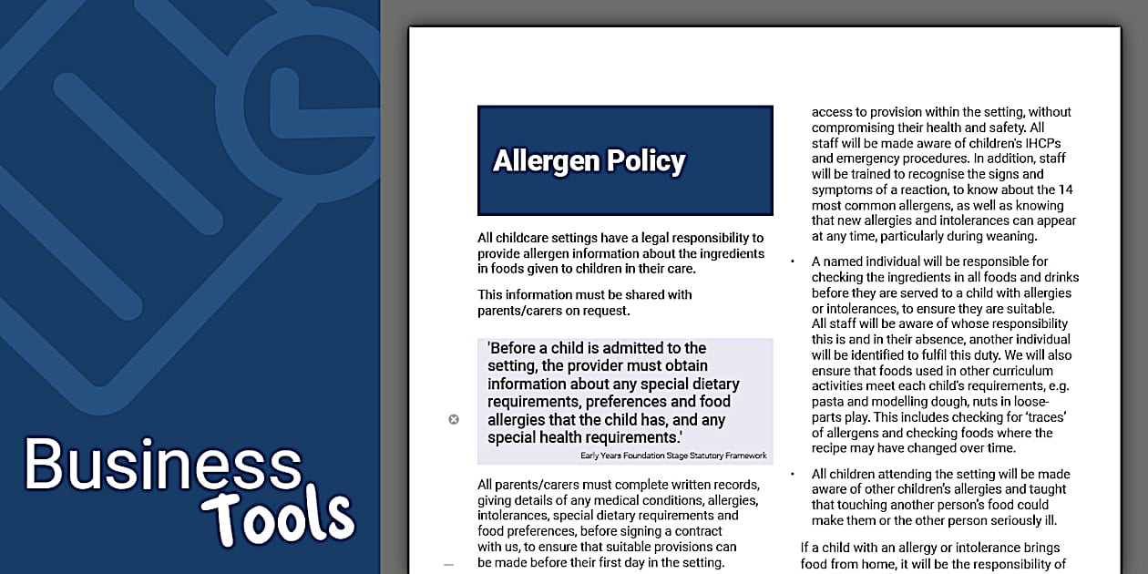 Allergen Policy for Private Childcare Settings - Twinkl
