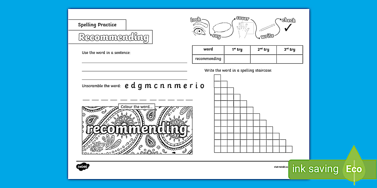 Recommending Spelling Practice Worksheet - Twinkl