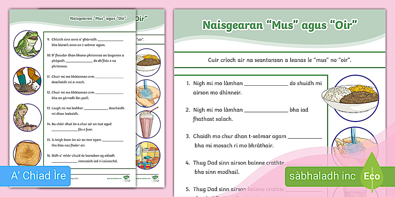 Naisgearan mus agus oir - Duilleag-gnìomh (teacher made)
