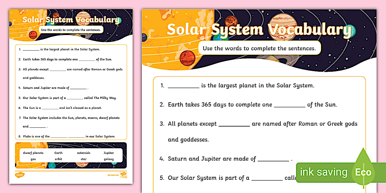 Solar System Vocabulary Activity Sheet - KS2 - Space