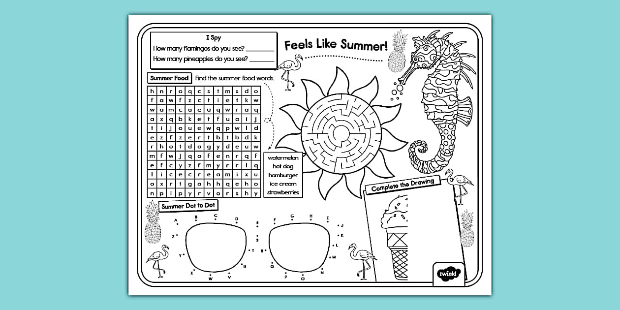 Feels Like Summer! Activity Place Mat for K-2nd Grade