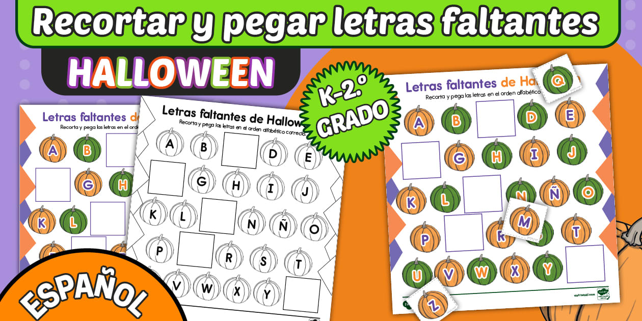 Hoja de trabajo de Halloween: Letras faltantes para recortar y pegar para