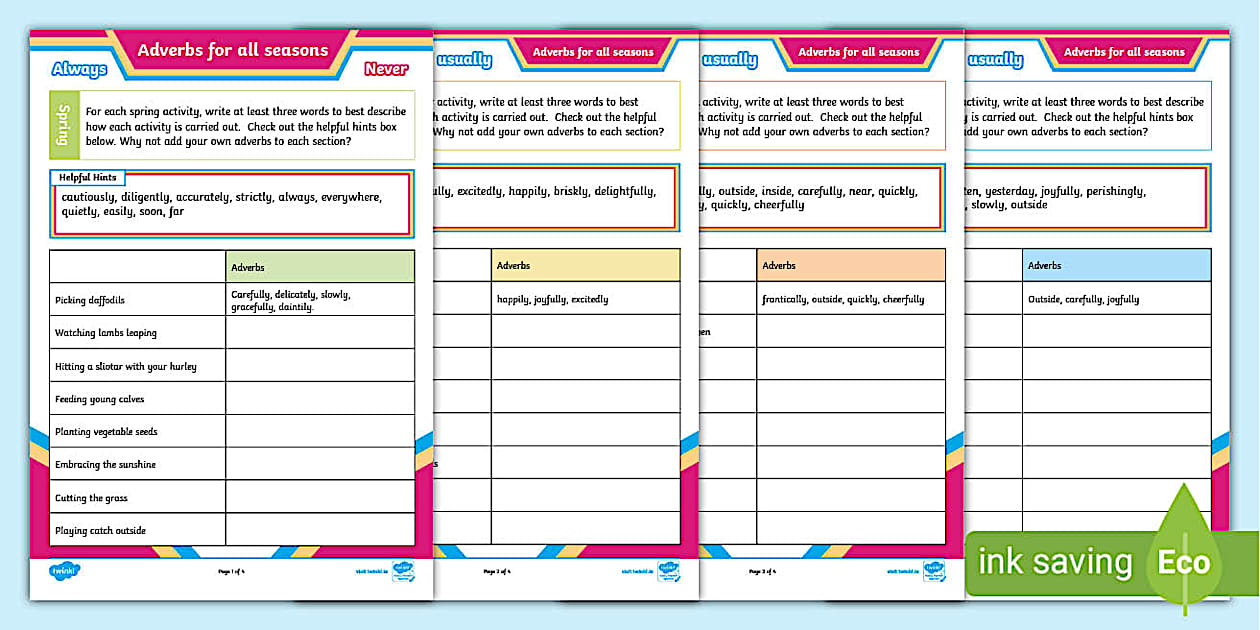 Seasons Adverbs Worksheets (teacher made) - Twinkl