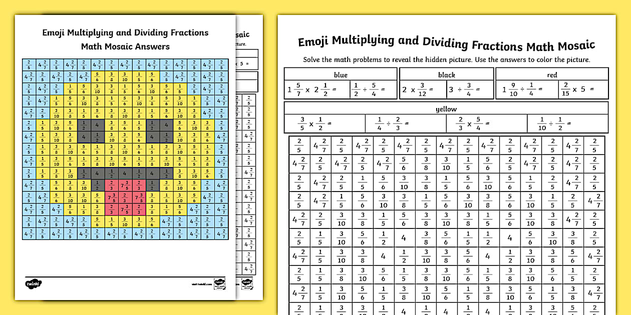 😊 Emoji Multiplying and Dividing Fractions Math Mosaic for 3rd-5th Grade