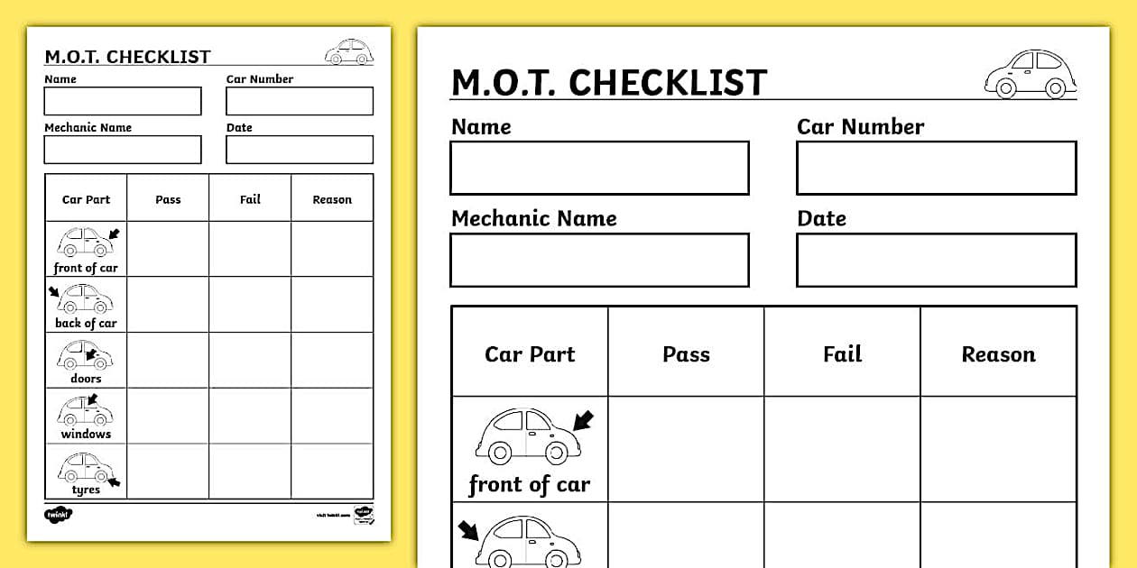 Mechanic Roleplay Area MOT Checklist (teacher made) - Twinkl