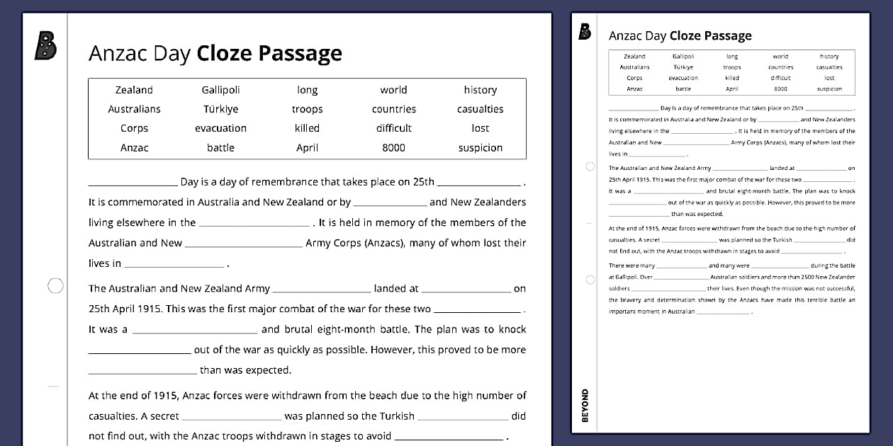 Anzac Day Cloze Passage (teacher made) - Twinkl