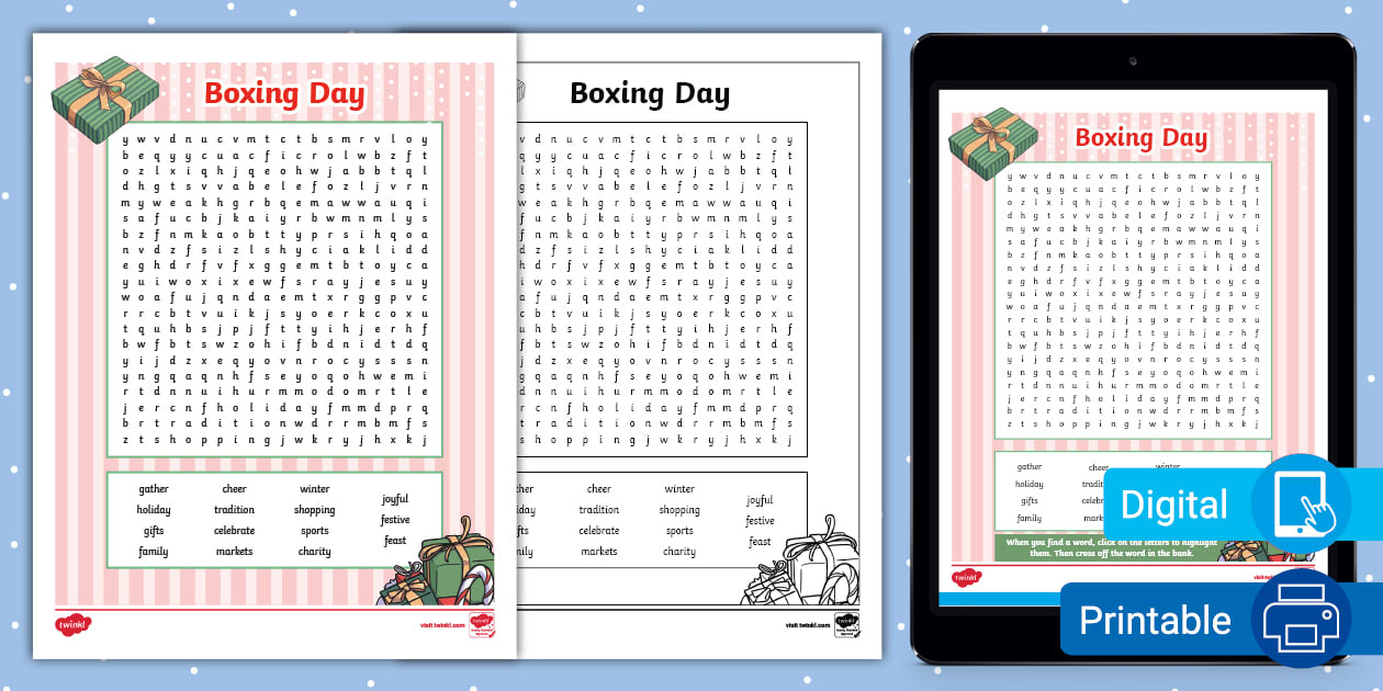 Boxing Day Word Search for 3rd-5th Grade - Twinkl