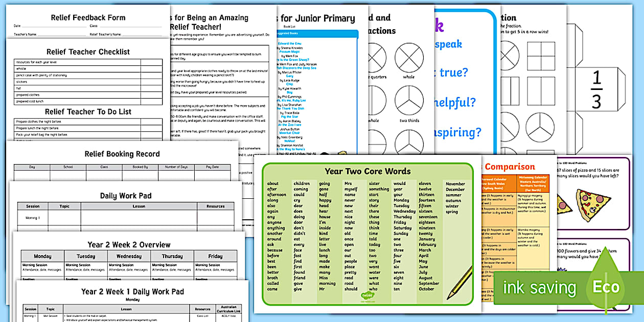 Year 2 Week 2 Relief Teacher Resource Pack (teacher made)