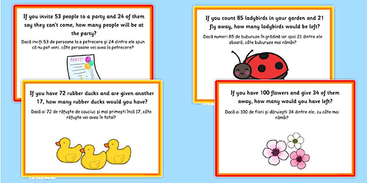 Addition and Subtraction to 100 Word Problem Challenge Cards Romanian