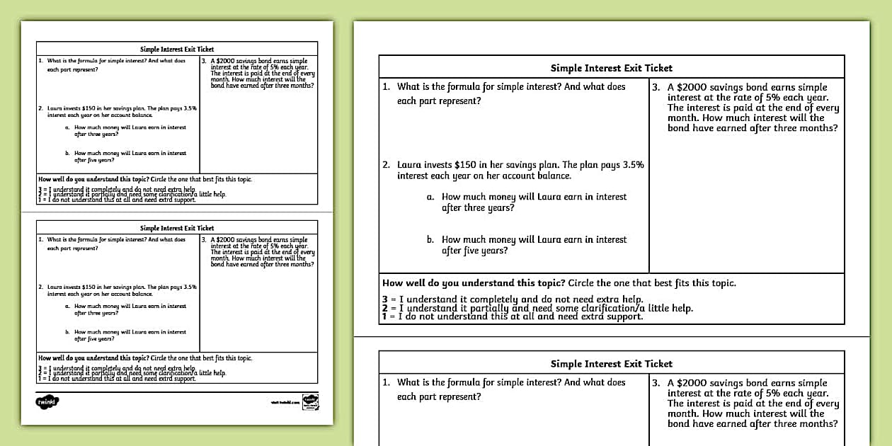 Seventh Grade Simple Interest Exit Ticket (Teacher-Made)