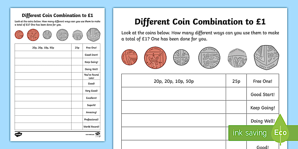 Different Coin Combination to £1 Worksheet / Worksheet - Different Coin