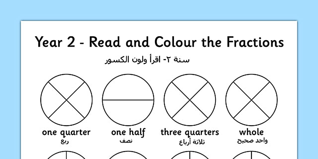 Year 2 Read and Colour a Fraction Arabic Translation