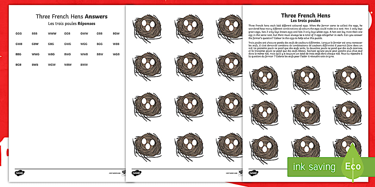 Three French Hens Worksheet / Worksheet English/French