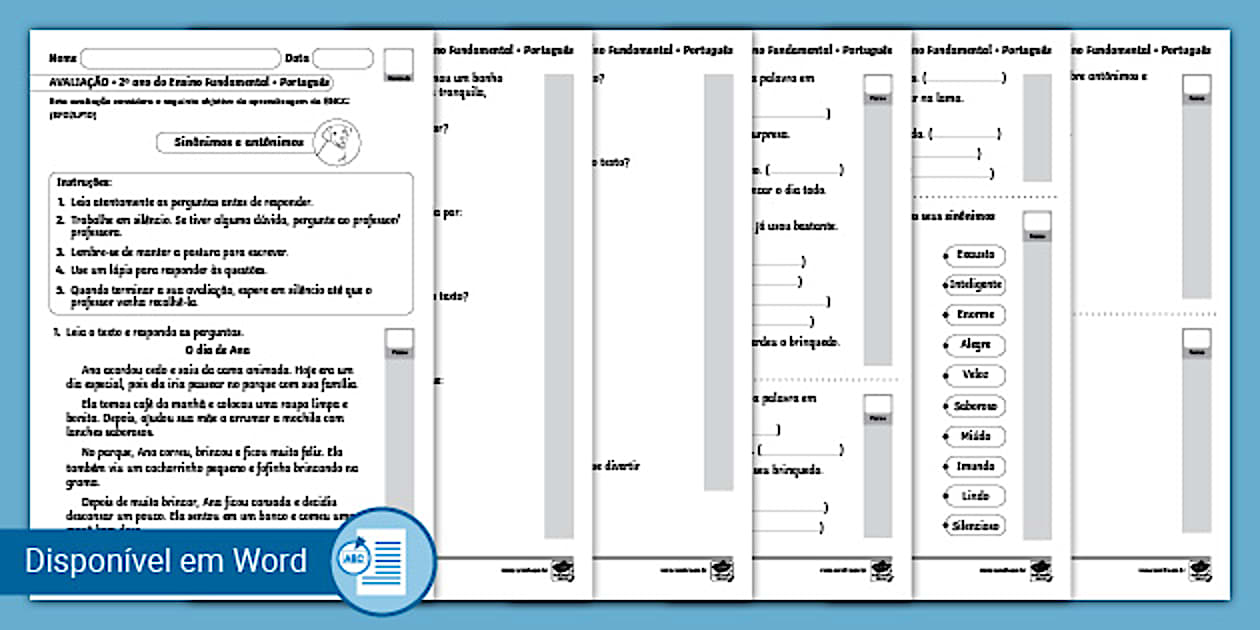 Avaliação de Português - Sinônimos e antônimos {2º ano}