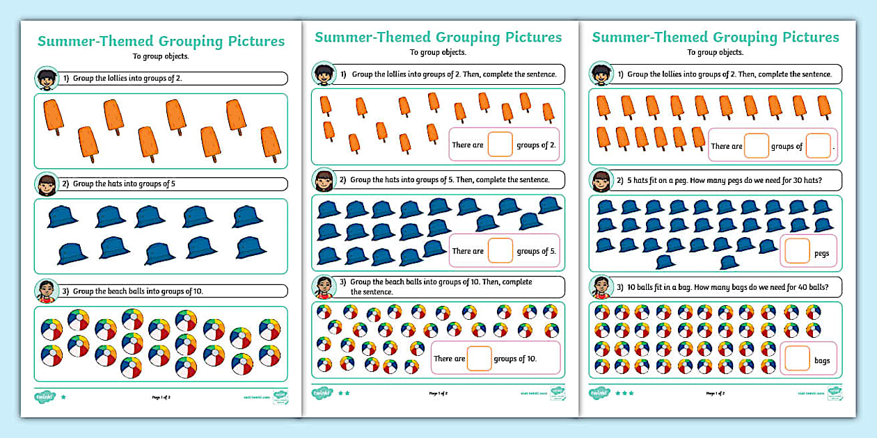 👉 Summer-Themed Grouping Pictures Maths Activity Sheet - KS1