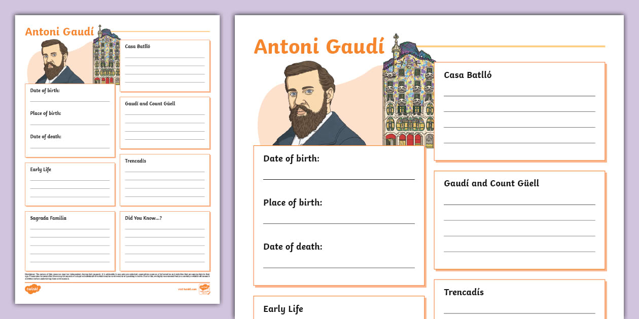 Antoni Gaudí Fact File Template (Teacher-Made) - Twinkl