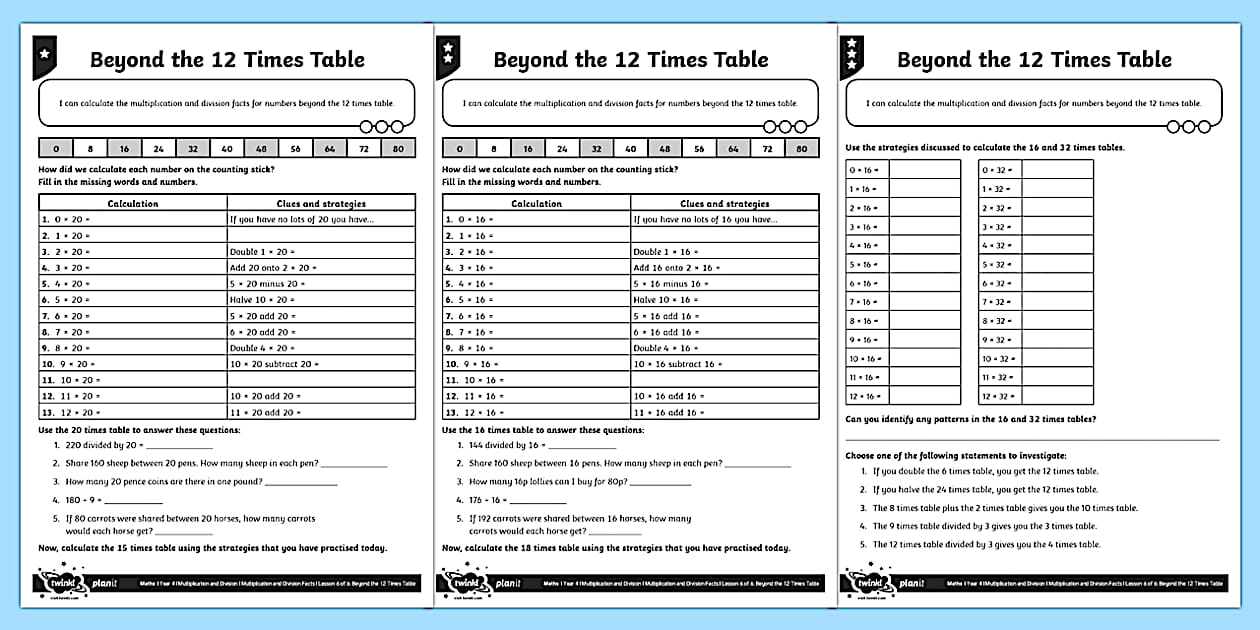 Calculating Multiplication Tables Beyond 12 Times Worksheet / Worksheets