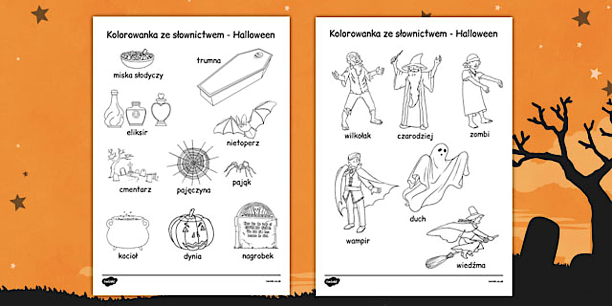 Kolorowanka ze słowami Halloween po polsku - początkowe