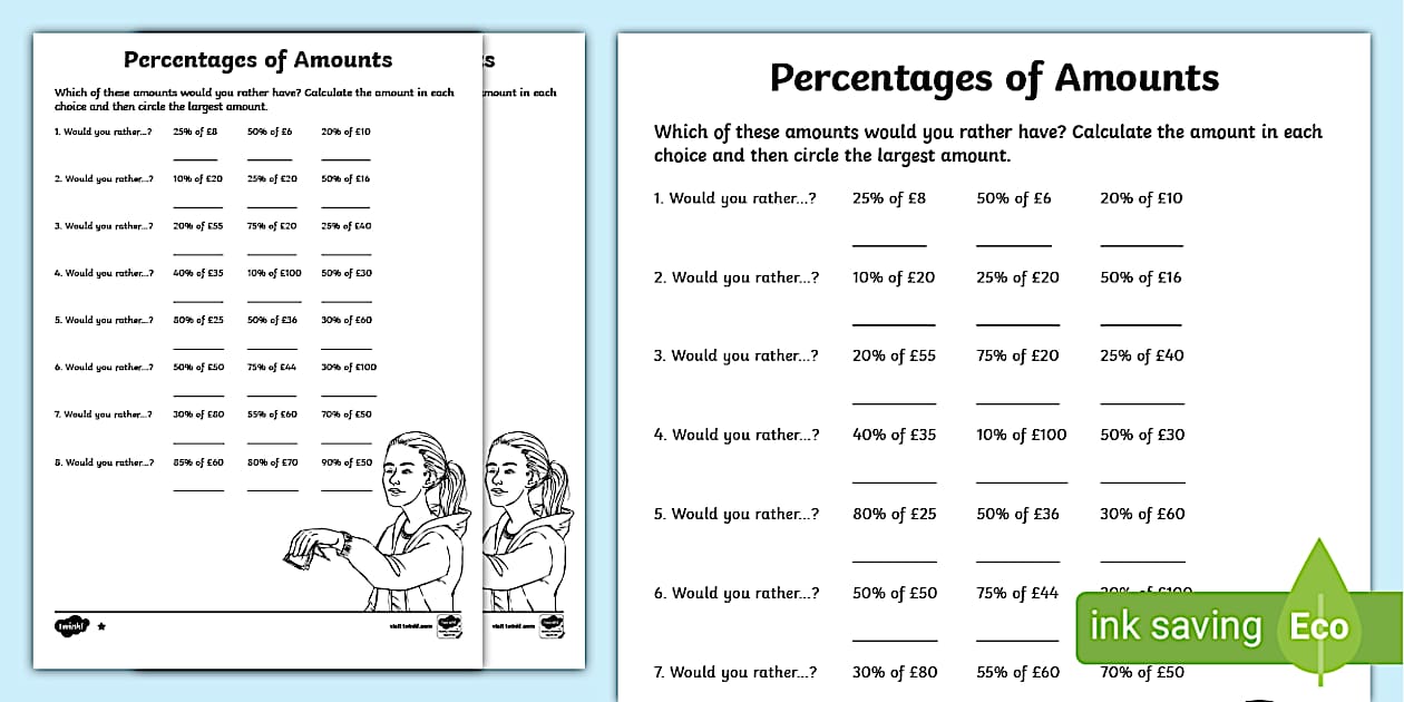 Lower Ability Percentages of British Money Differentiated Worksheets