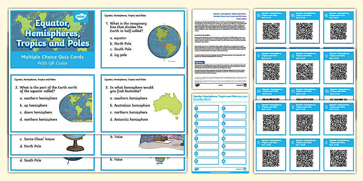 Equator, Hemispheres, Tropics and Poles Multiple Choice Quiz Cards with QR