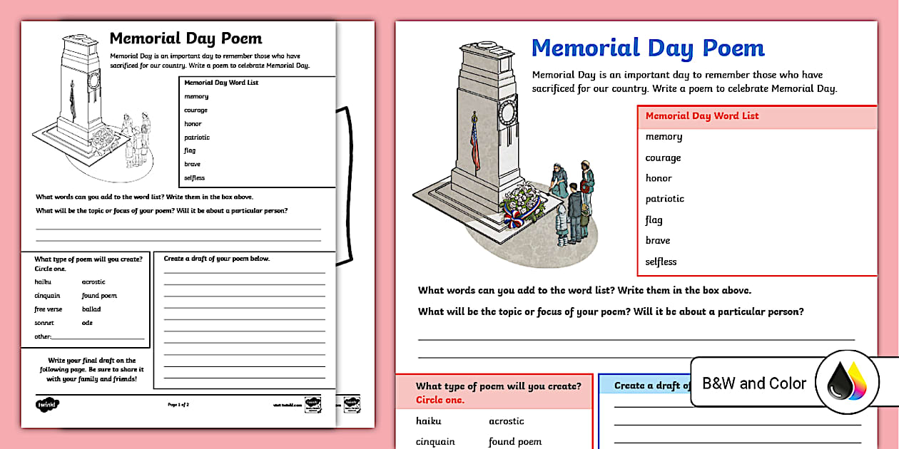 Memorial Day Poem Worksheet for 3rd-5th Grade - Twinkl