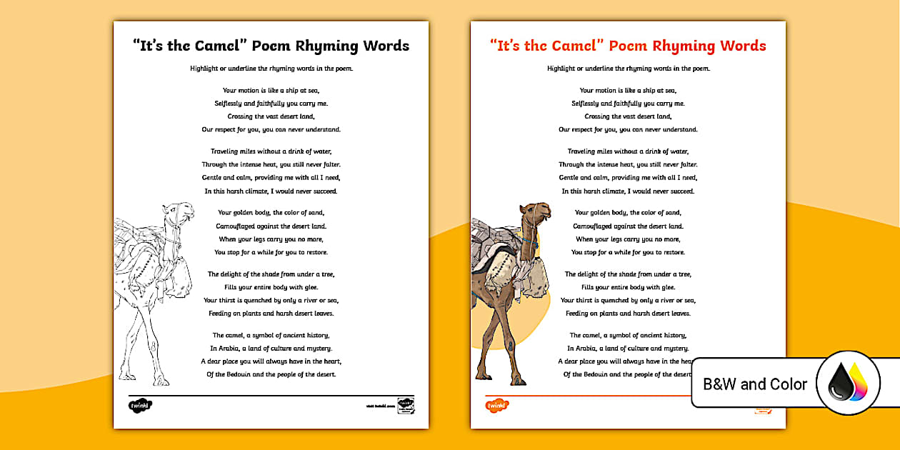 It's the Camel Poem Rhyming Words Worksheet - Twinkl