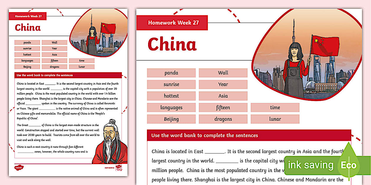 Cloze Procedure Homework Week 27 China 3rd/4th Class