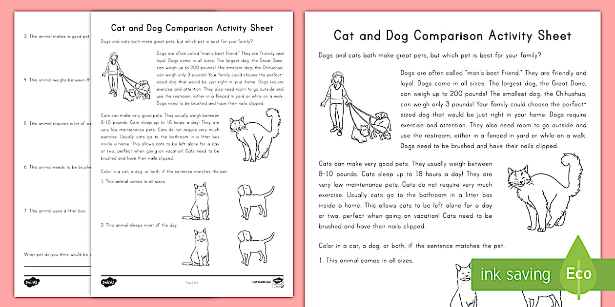 Compare Cats and Dogs Worksheet Sheet for Kids | Twinkl USA