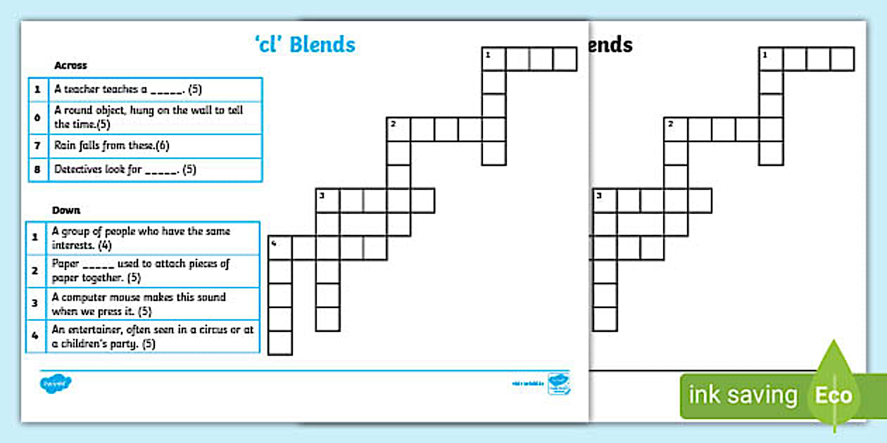 'cl' Blends crossword consonant blends 1st class phonics