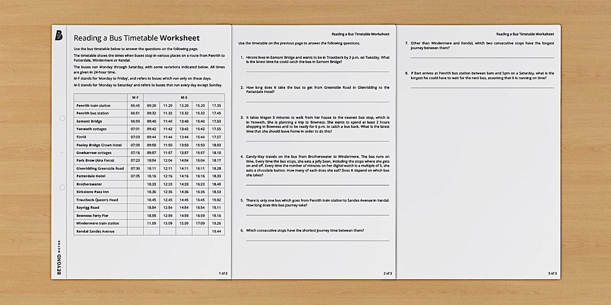 Reading a Bus Timetable Worksheet (teacher made) - Twinkl