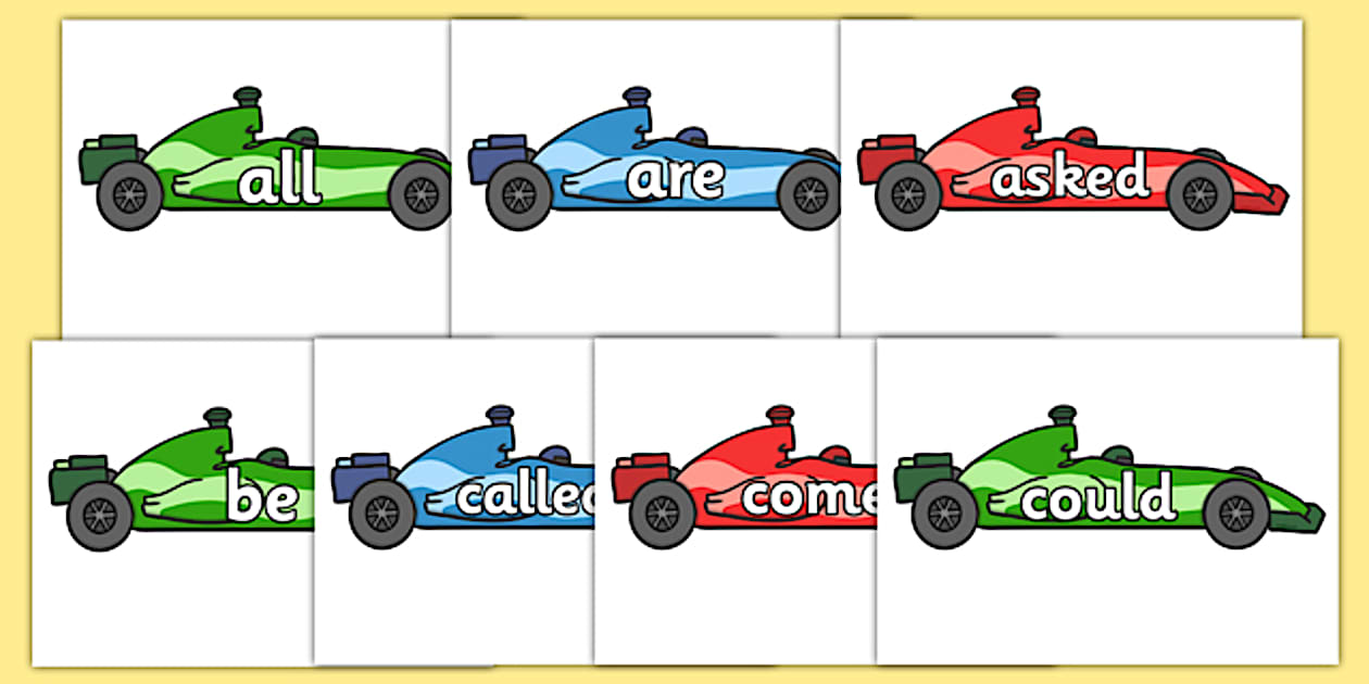 Cursive Tricky Words on Racing Cars (teacher made) - Twinkl
