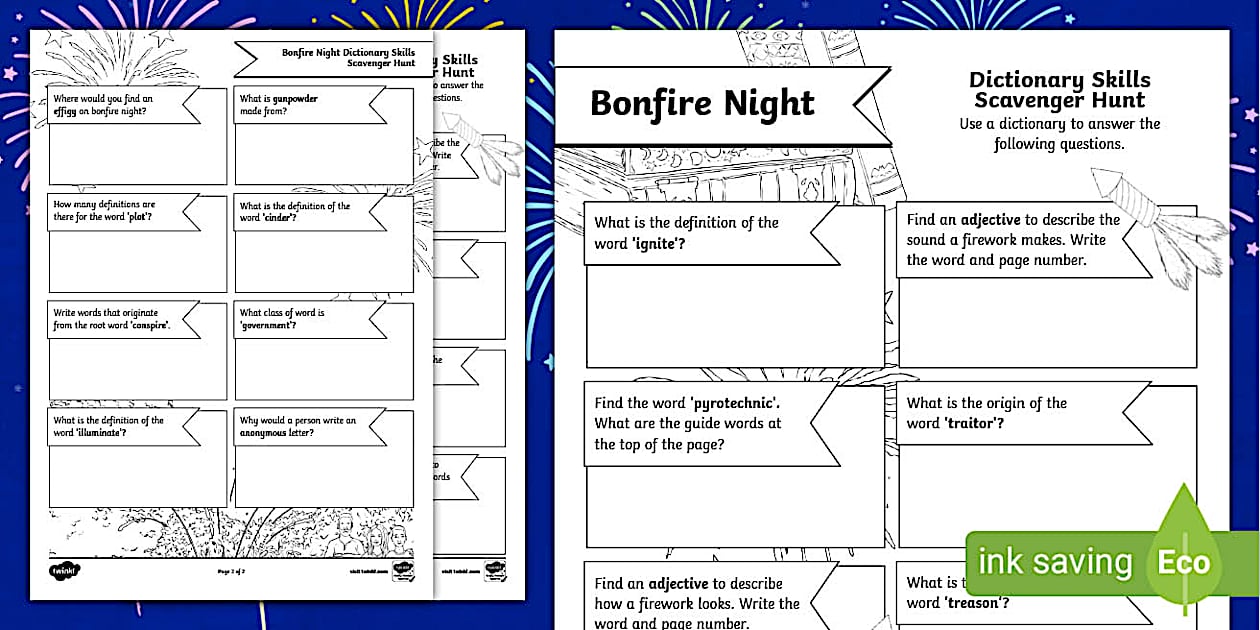 Editable Bonfire Night Dictionary Skills Scavenger Hunt Worksheet