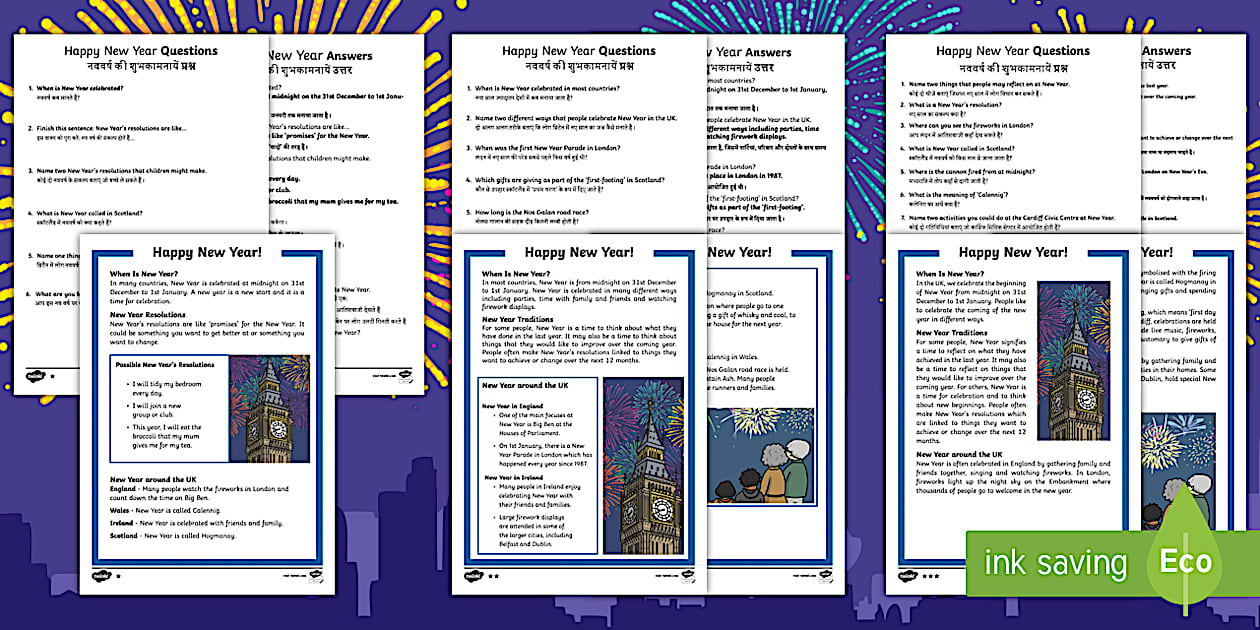 KS1 New Year Differentiated Reading Comprehension Activity English/Hindi