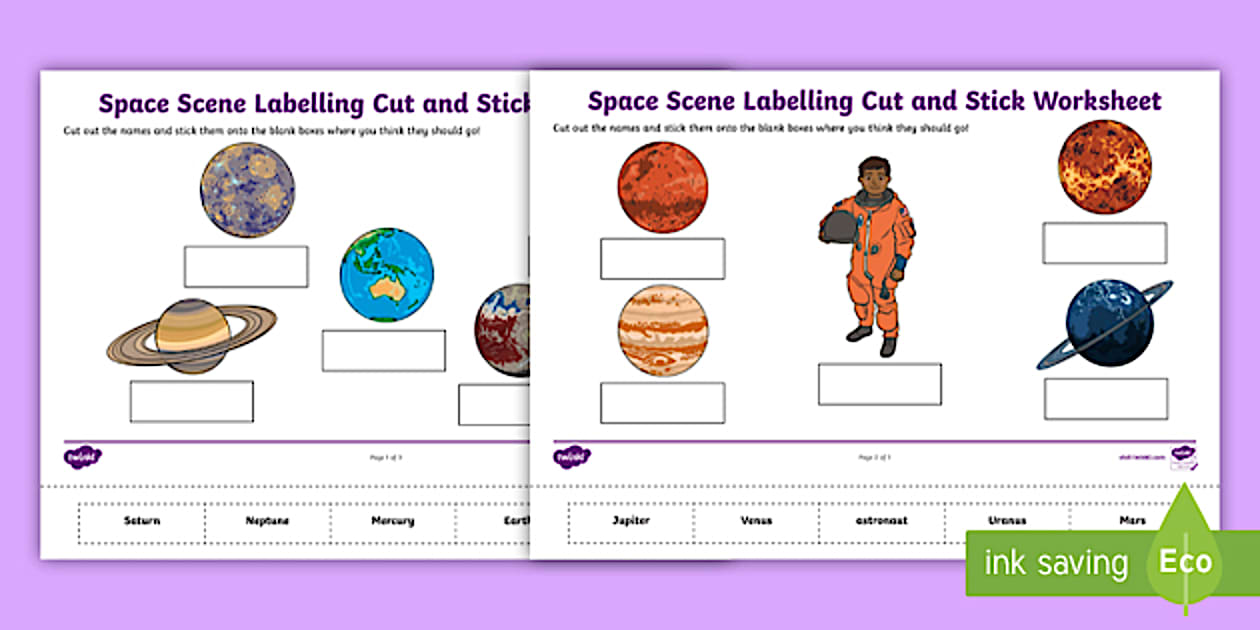 Space Scene Labelling Cut and Stick Worksheet - Twinkl