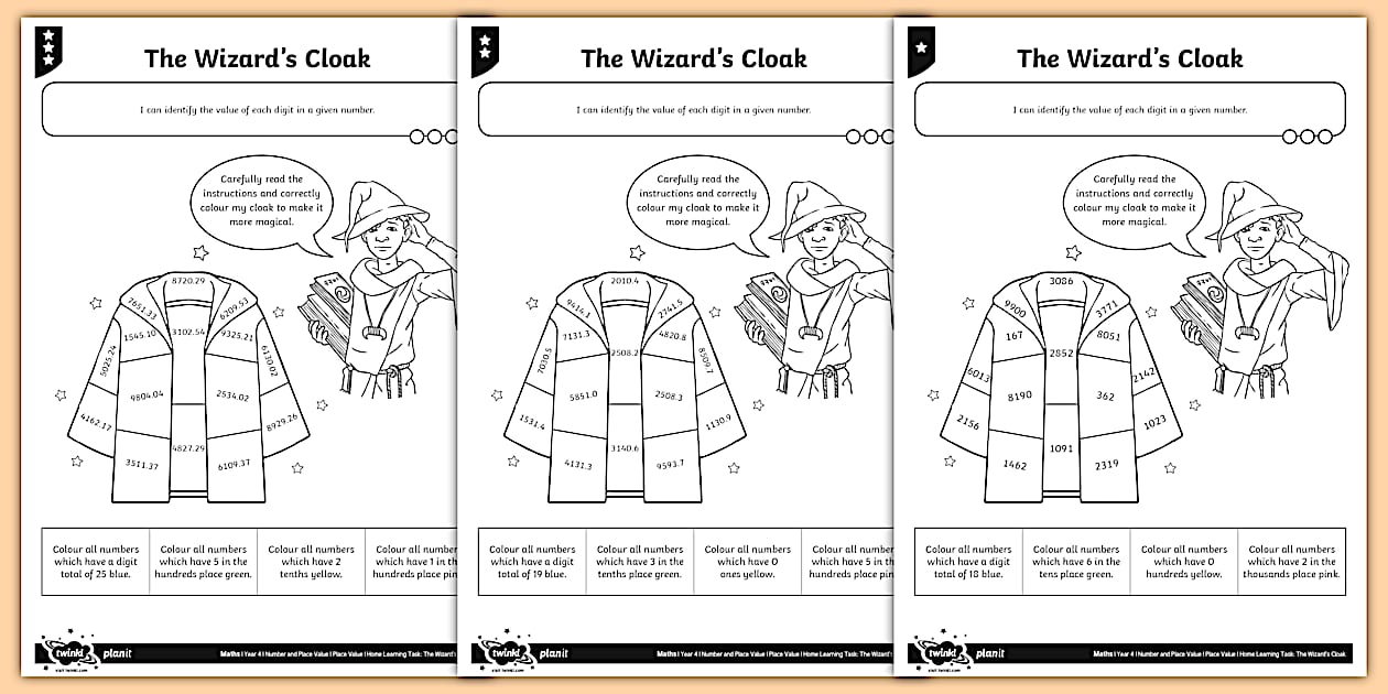 Recognising Place Value Wizard's Cloak Differentiated Worksheet