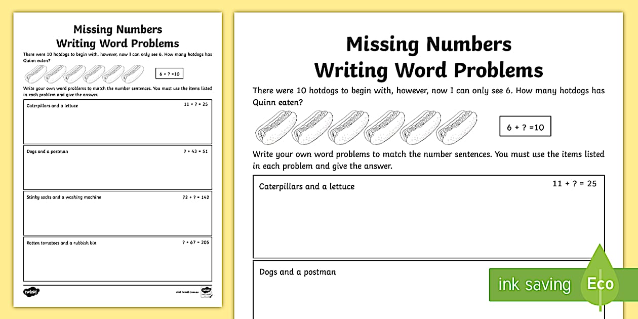 Missing Numbers Word Problems Worksheet - AC9M4N09 - Twinkl