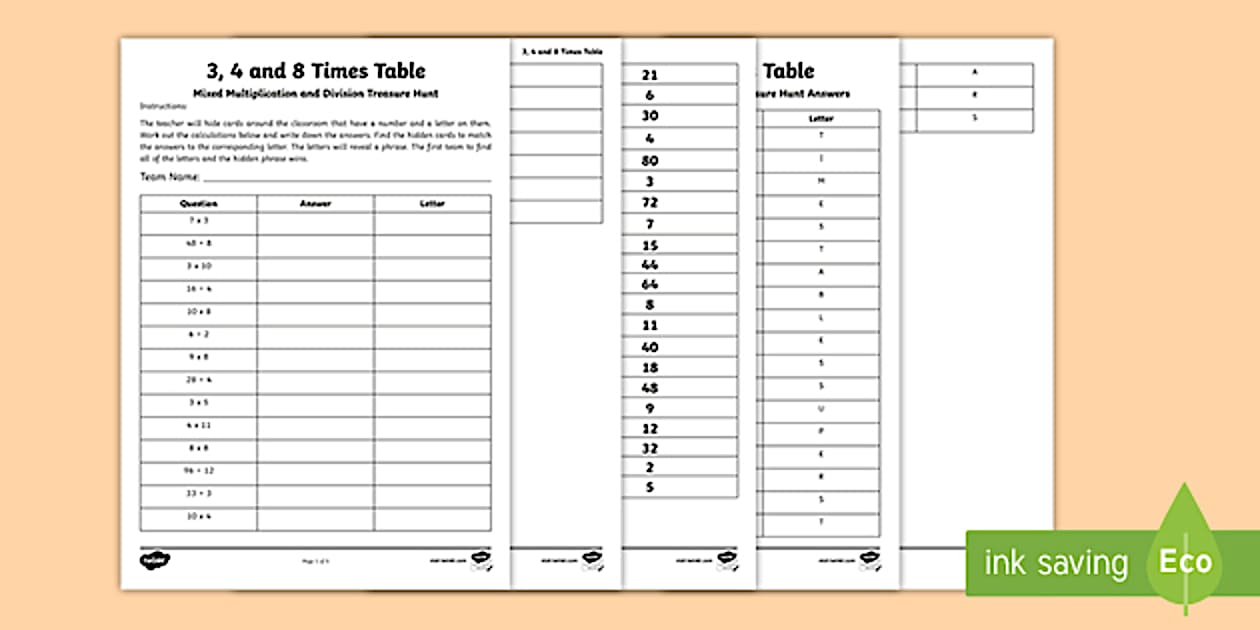3, 4 and 8 Times Tables Mixed Multiplication and Division Treasure Hunt