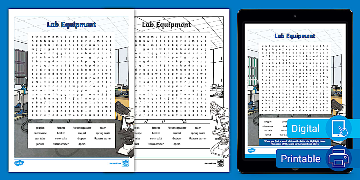 Lab Equipment Word Search for 6-8 Grade (teacher made)
