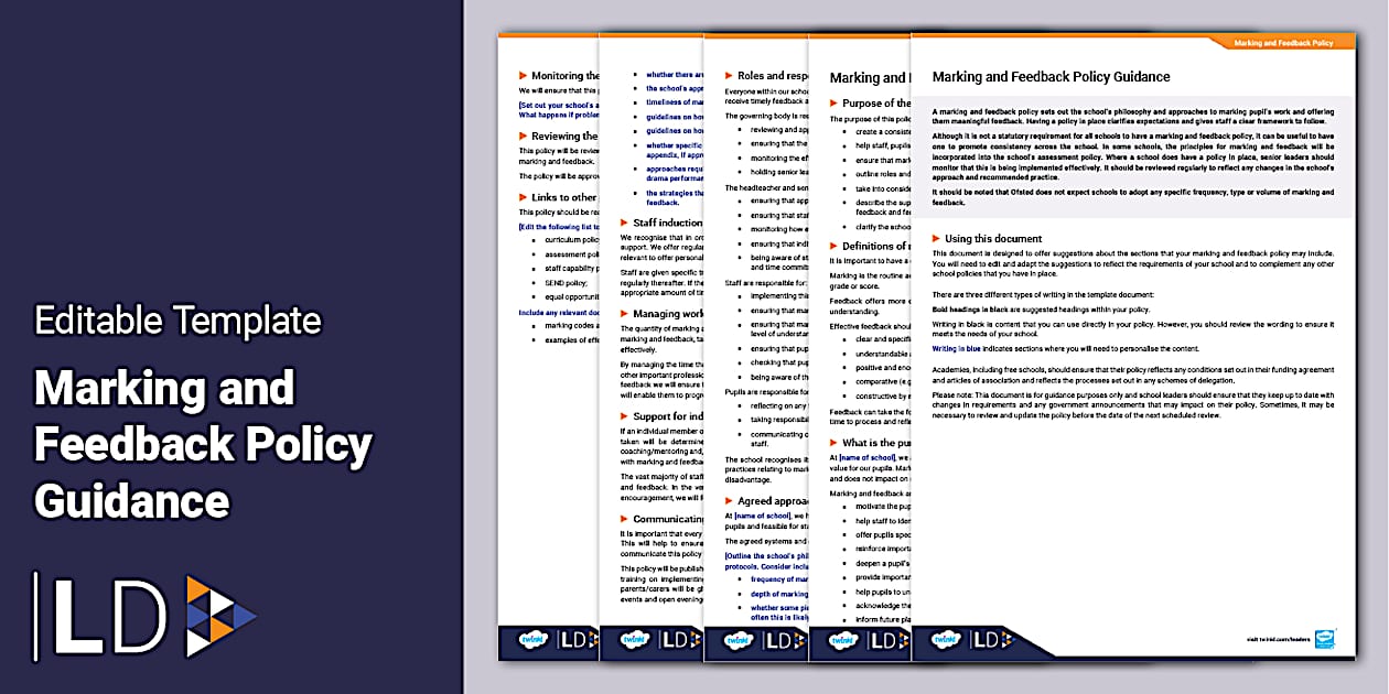 Marking and Feedback Policy Guidance: Editable Template - Leaders