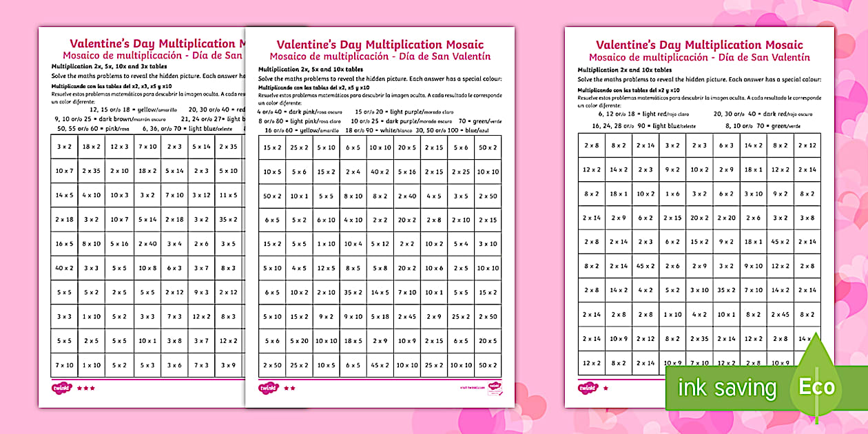 Valentine's Day Themed Multiplication Mosaics Worksheets - English/Spanish