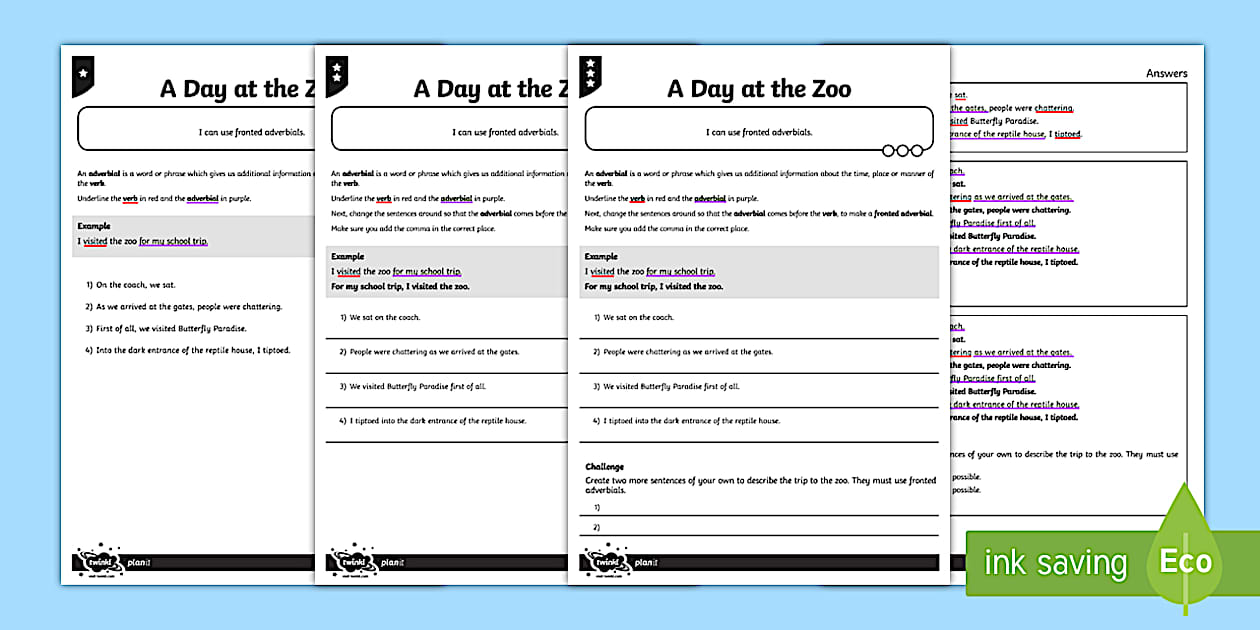 A Day at the Zoo Fronted Adverbials Differentiated Worksheet ...