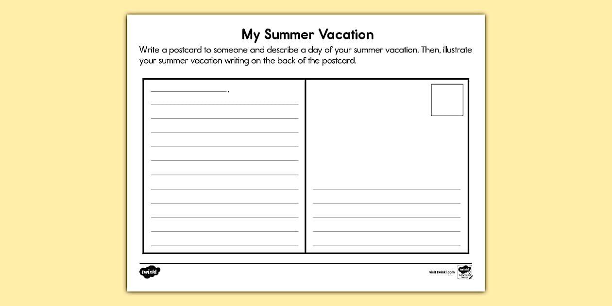 My Summer Vacation Postcard Writing Prompt Worksheet K-2nd