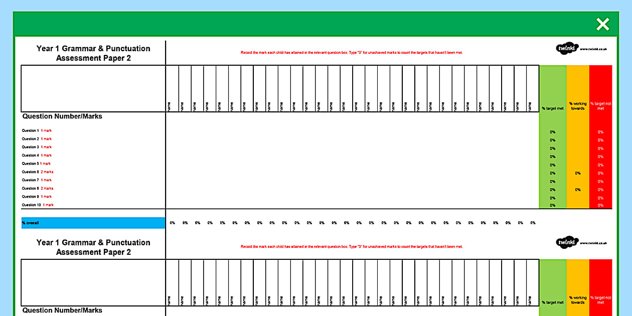 Year 1 English Grammar and Punctuation Assessment Spreadsheets