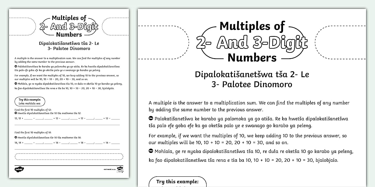 Multiples of 2- And 3-Digit Numbers Activity Sheet Sepedi