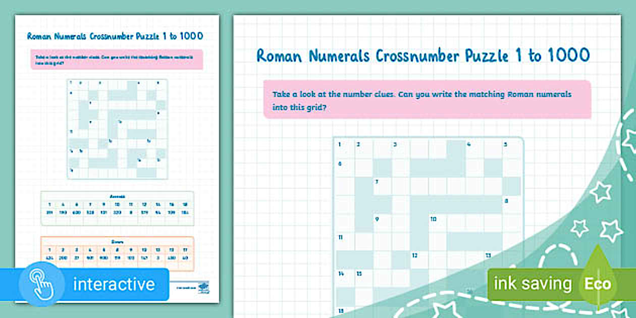 Roman Numerals Crossnumber Puzzle 1 to 1000 (Ages 9 - 10)