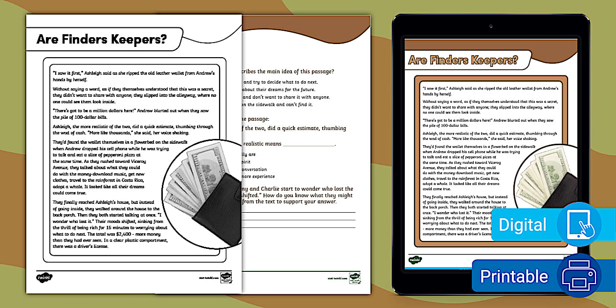 6th Gr. Are Finders Keepers? Reading Passage Comp Worksheet